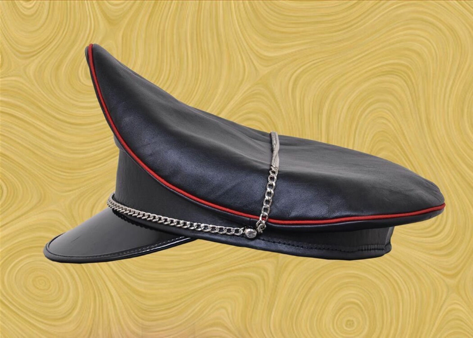 Genuine Italian Leather Black Red Strip Army Muir Cap Biker Peaked Gay ...