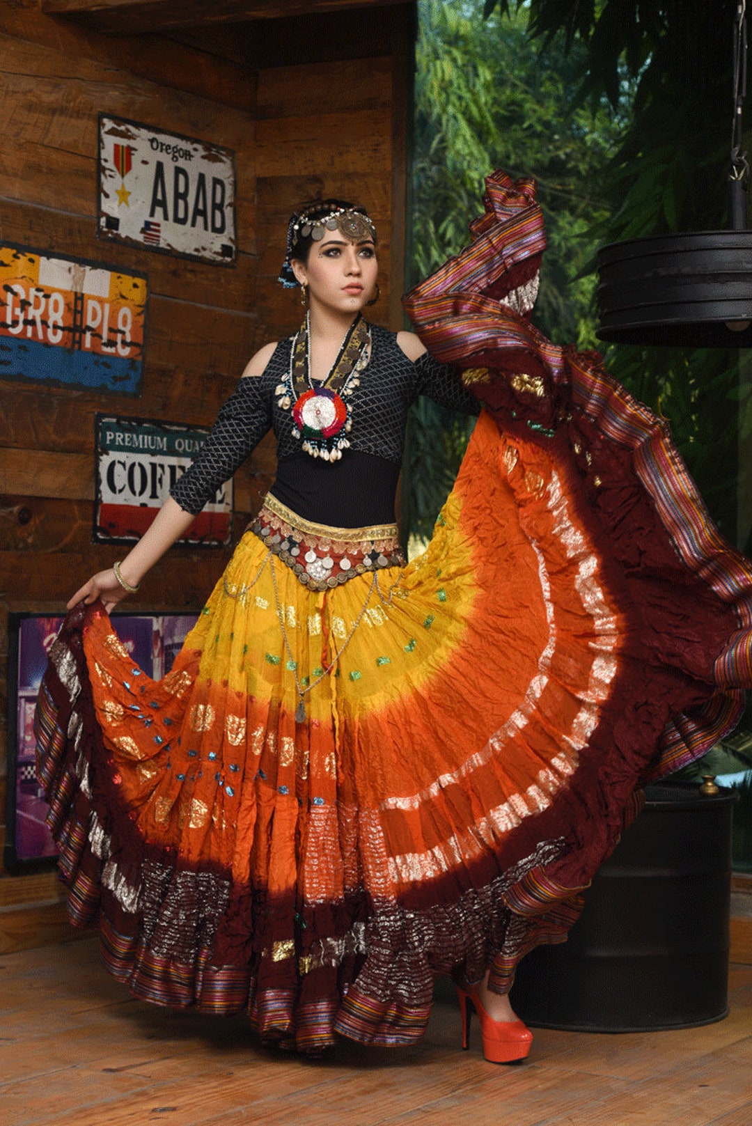 Tribal Bellydance Skirt – 25 & 35 Yard , ATS Costume, 4 Tier Festival ...