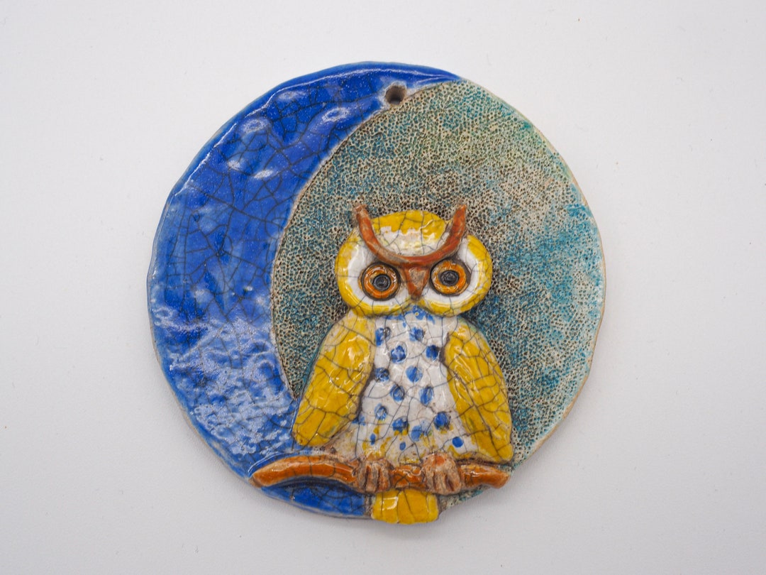 Yellow Raku Owl Raku Ceramic Moon Handmade Yellow Owl Sculpture Moon ...