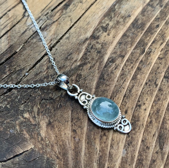 Aquamarine Necklace Delicate Necklace Boho Necklace Aquamarine Necklace Round Necklace Sterling Silver Necklace Etsy