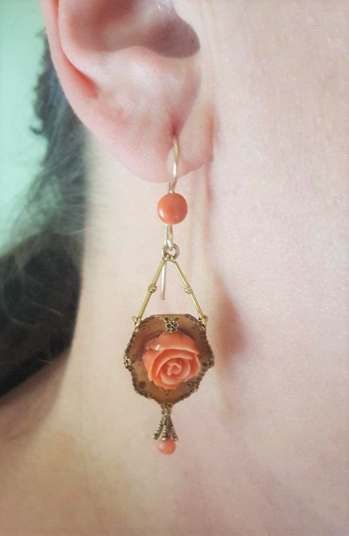 Victorian Italian Carved Rose Coral Earrings Castellani - Etsy