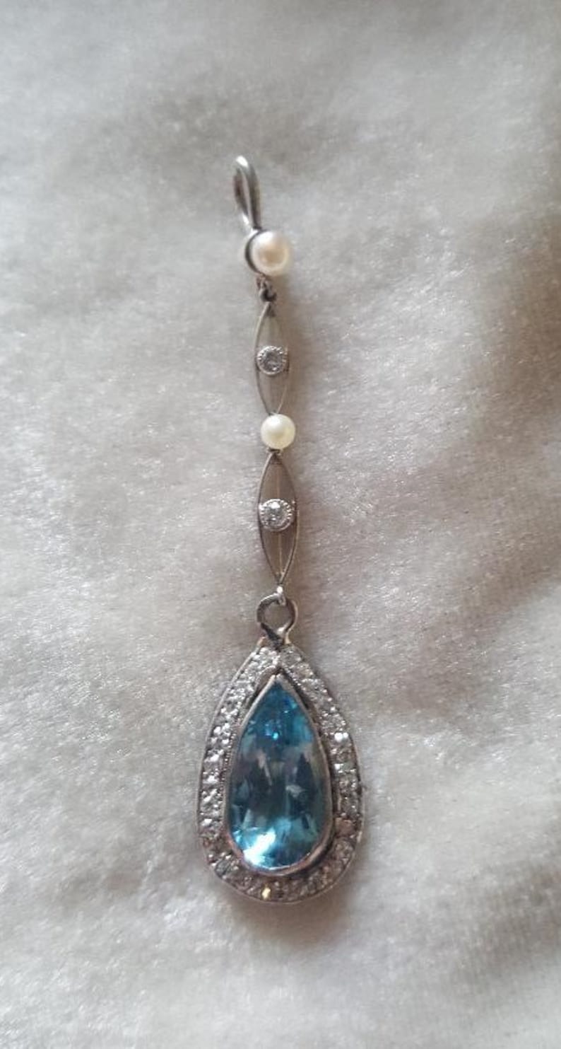 Edwardian Aquamarine Diamond and Natural Pearl Pendant in Platinum ...
