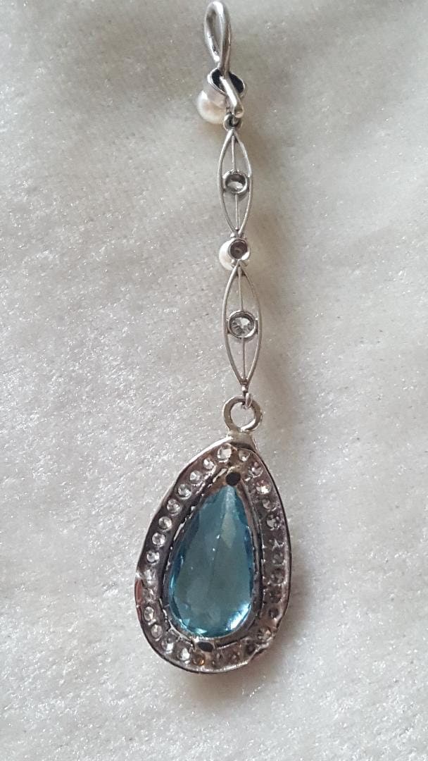 Edwardian Aquamarine Diamond and Natural Pearl Pendant in Platinum ...