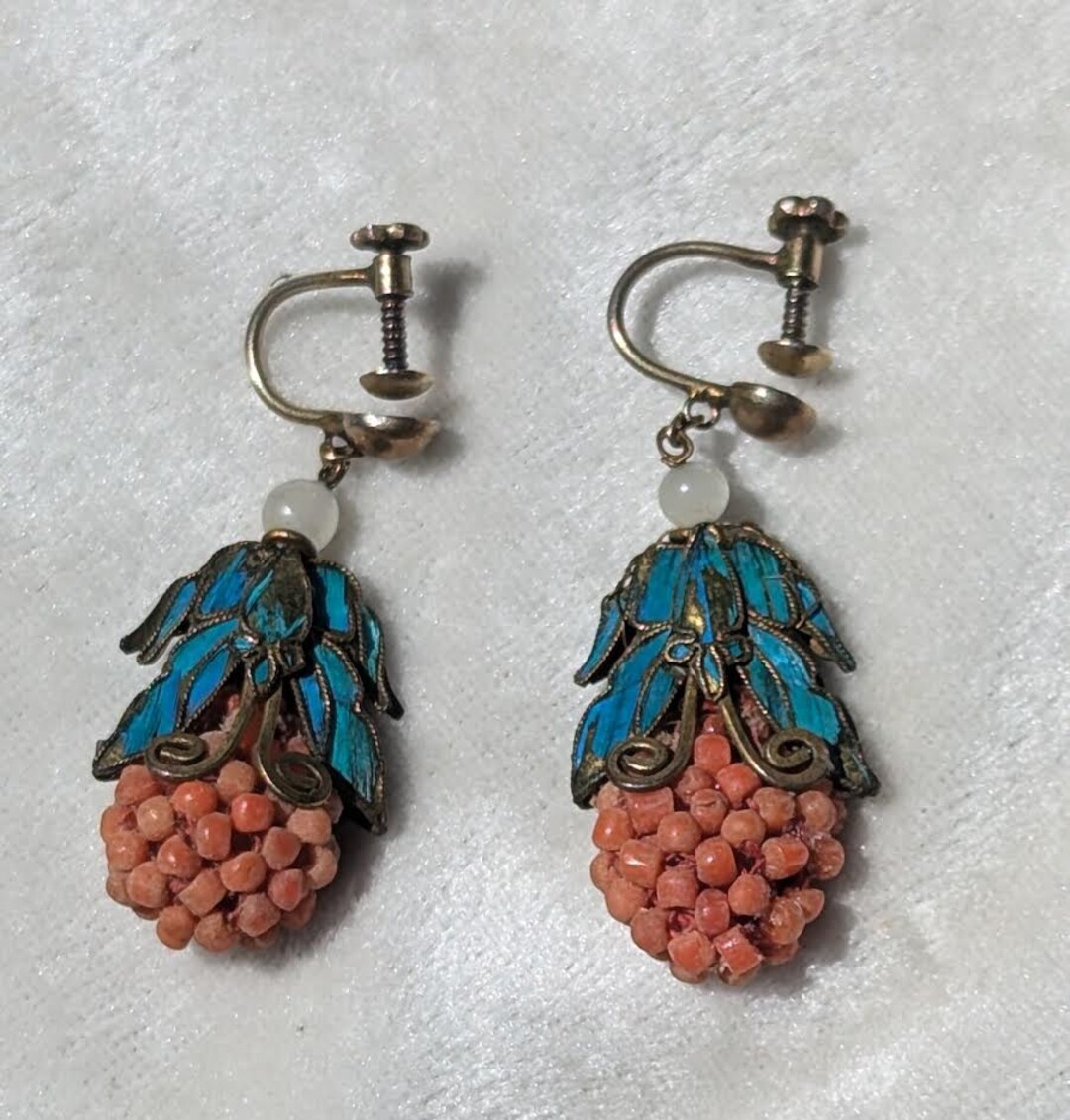 Chinese Coral and Kingfisher Feather Drop Earrings - Etsy