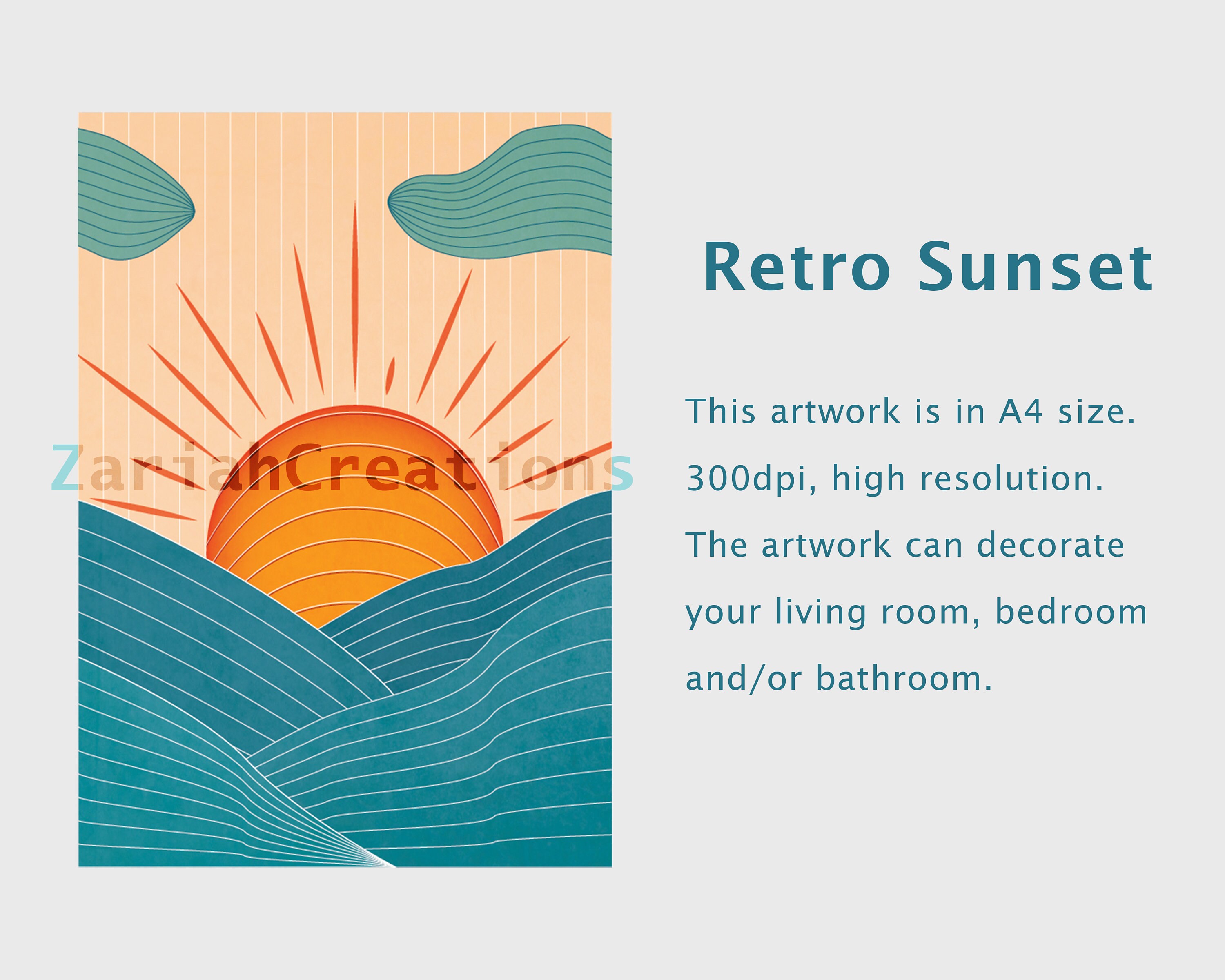 Retro Sunset Digital Art Print || Printable Wall Art, Handmade ...