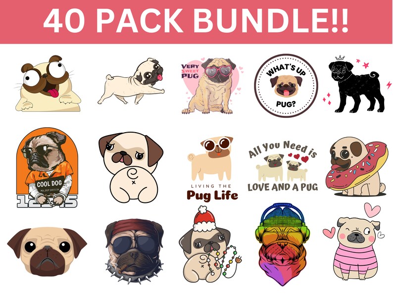40 Pug Dog Svg Png Jpg Bundle T Shirts and Mugs, Pug Files, Pug Mom Svg ...