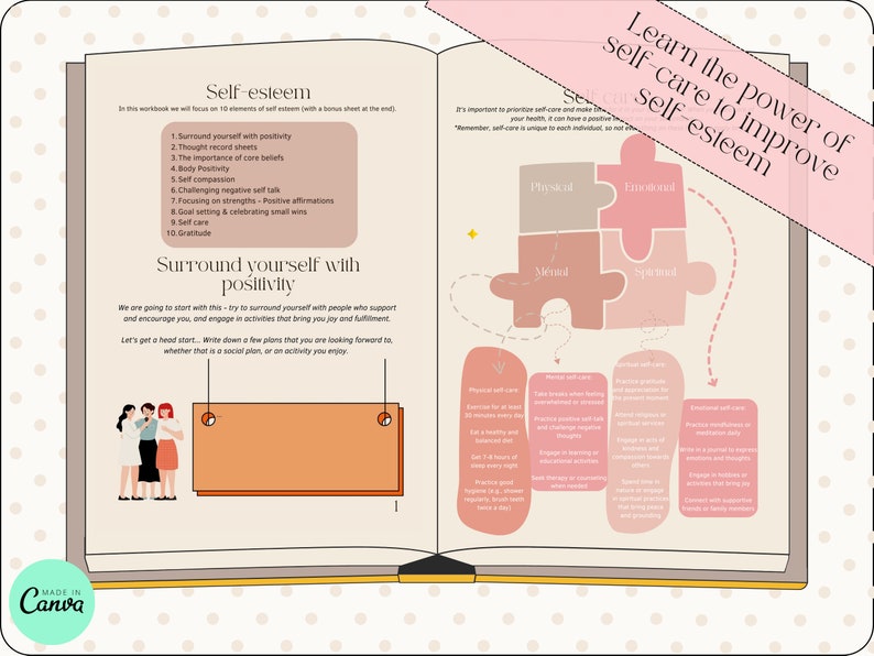 Self Esteem Workbook: Therapy Journal, Positive Affirmations (canva ...