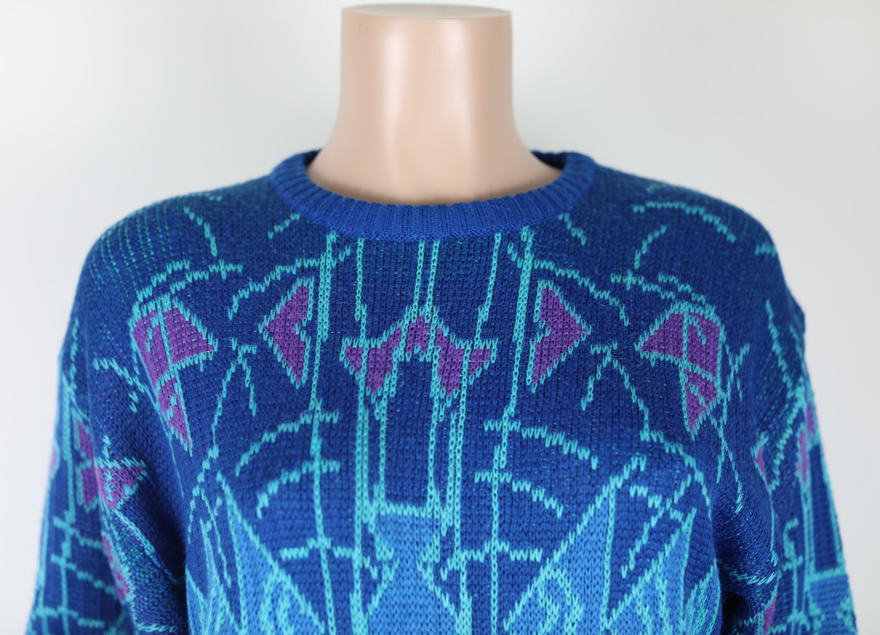 VINTAGE 80s UGLY JUMPER 80s Blue Geometric Woolen Knit, 80s Knit Jumper ...