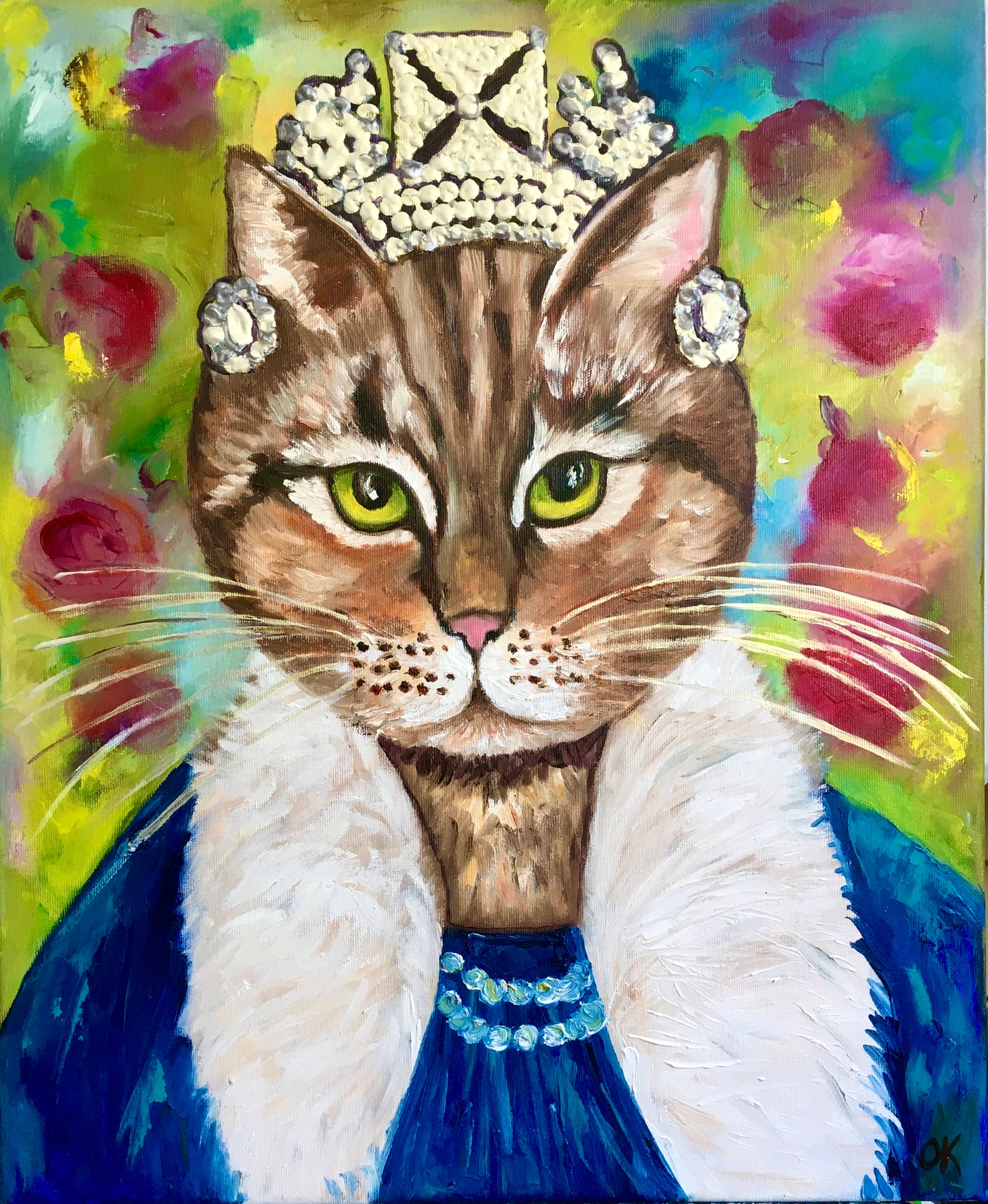 Cat Queen, Cat Inspired by Portrait of Queen Elizabeth II, Oil Painting ...