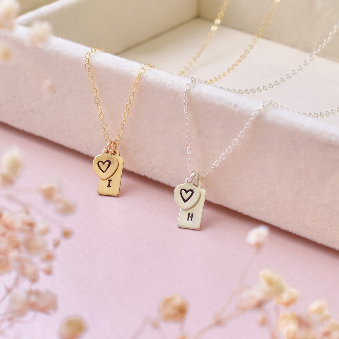 Personalized Initial Tag Necklace Gold, Family Initial Necklace Silver ...
