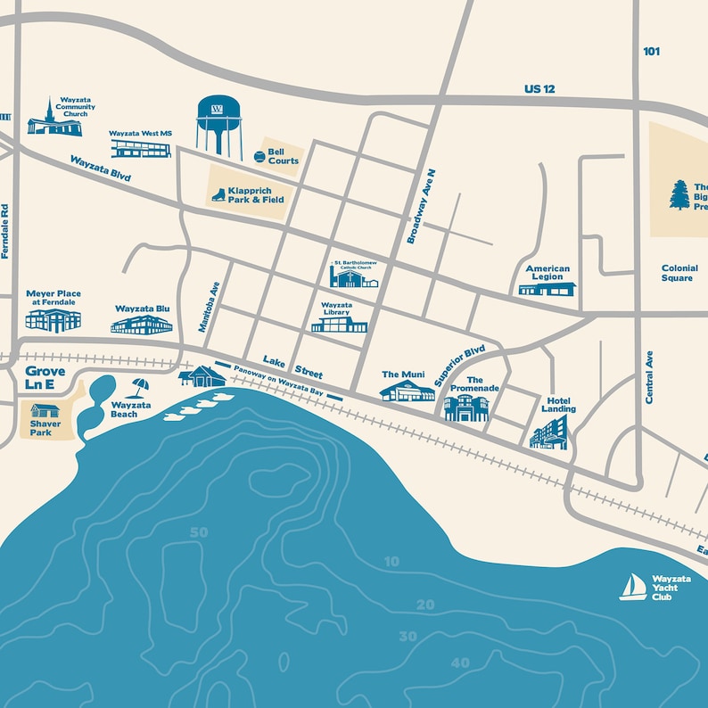Wayzata Bay Map, Lake Minnetonka Poster by Rich Sladek frame Not ...
