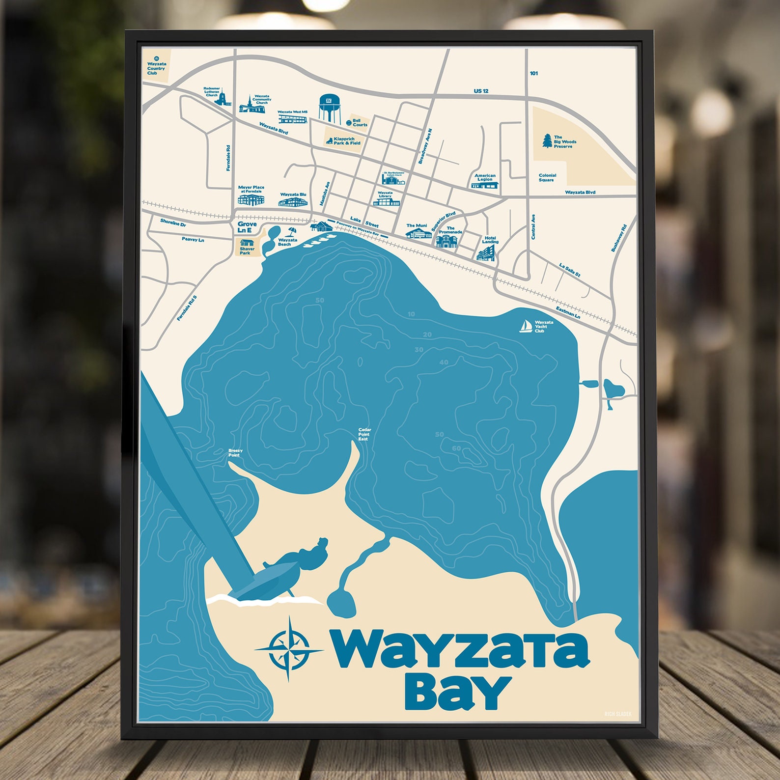 Wayzata Bay Map, Lake Minnetonka Poster by Rich Sladek frame Not ...