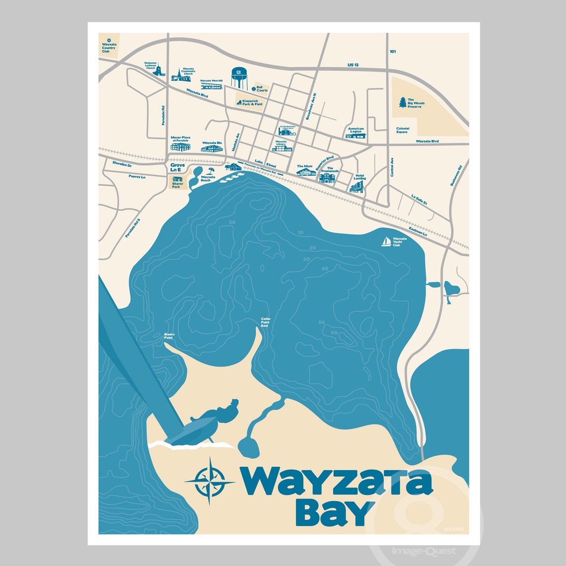 Wayzata Bay Map Lake Minnetonka Poster by Rich Sladek frame - Etsy
