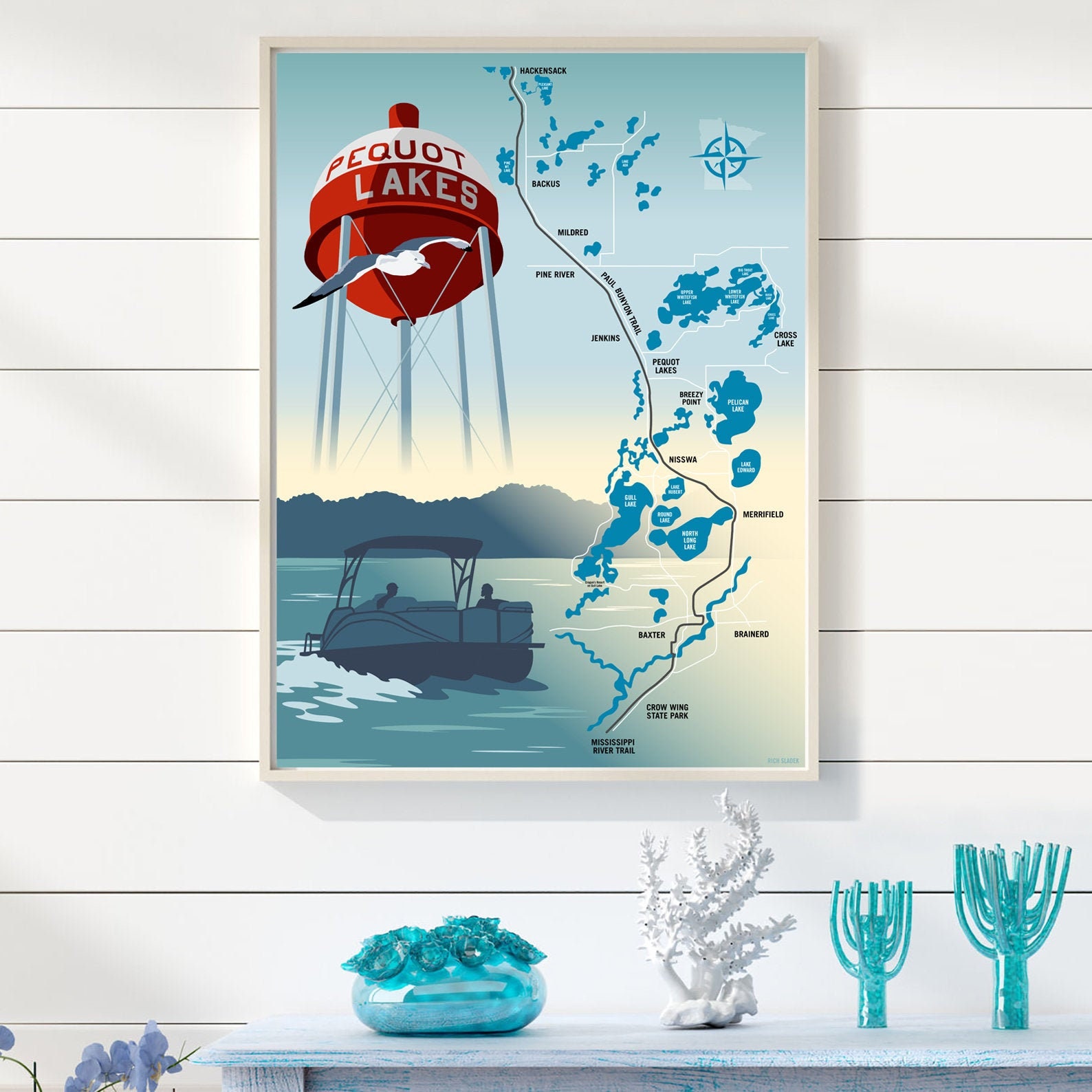 Pequot Lakes Map, Minnesota, Poster by Rich Sladek (frame Not Included ...