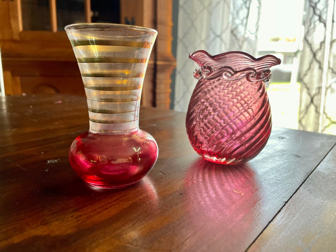 Vintage Pink Glass Bud Vase Set, Gold Stripe Decor - Etsy