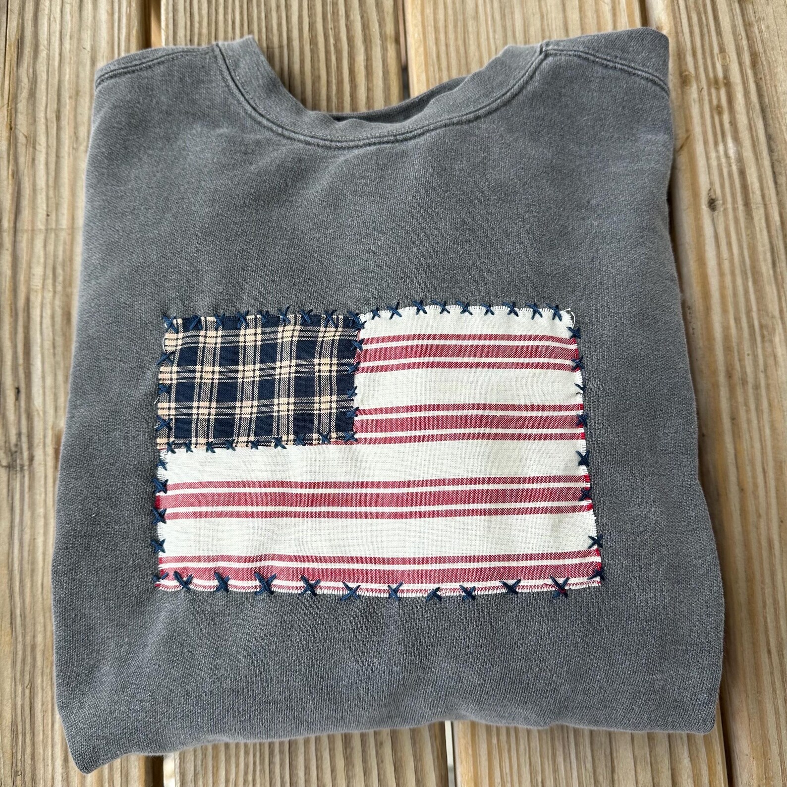 Hand Embroidered Patchwork American Flag Comfort Colors Crewneck ...
