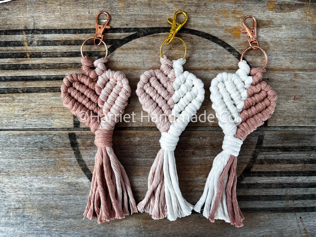 Two Color Heart Shaped Macrame Keychain Clip | Fiber Art Boho ...