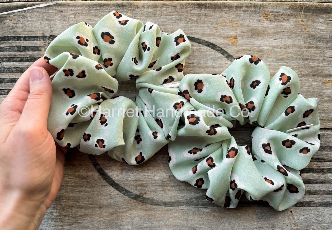 Extra Large Pale Mint Green & Leopard Charmeuse Hair Scrunchie Hair ...