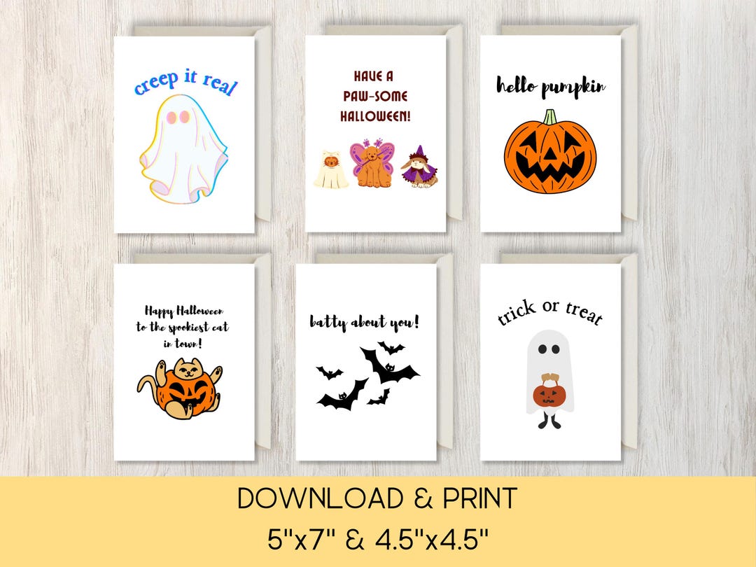 Printable Card Bundle | Set of Six Halloween Card Pack | Cute Halloween ...