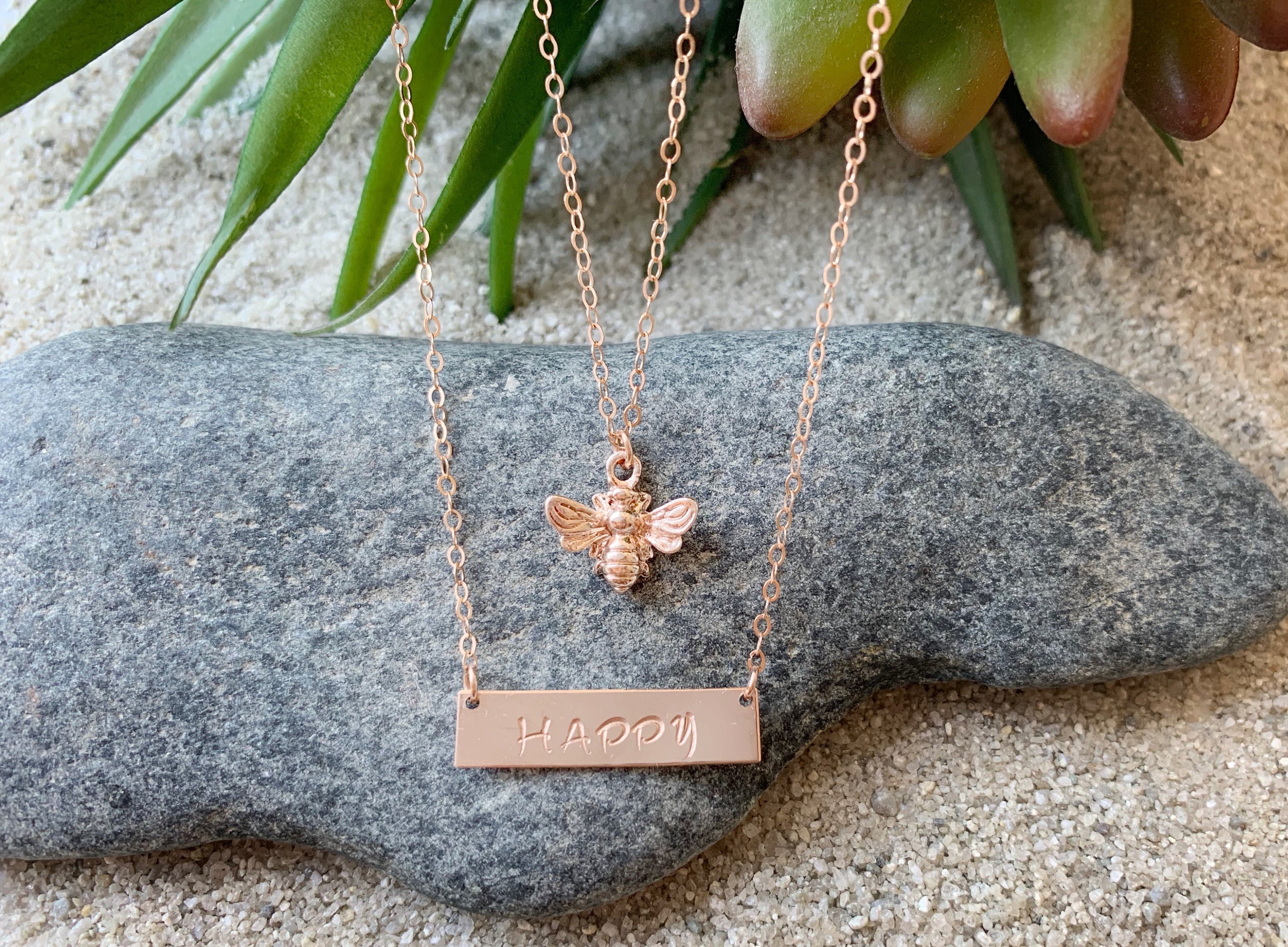 Rose Gold Bee Happy Necklace Set Layered Necklace Set Bee | Etsy