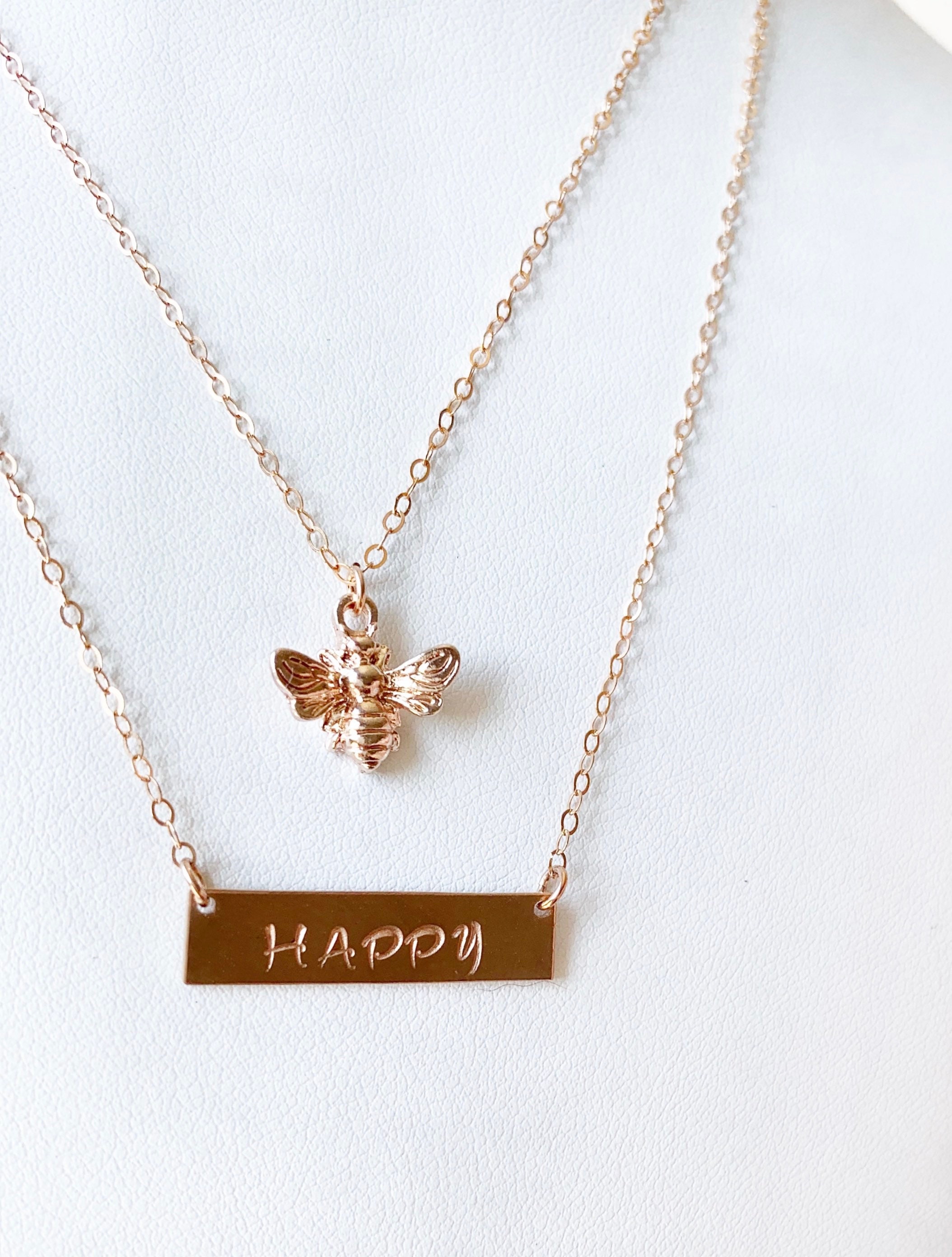 Rose Gold Bee Happy Necklace Set Layered Necklace Set Bee | Etsy