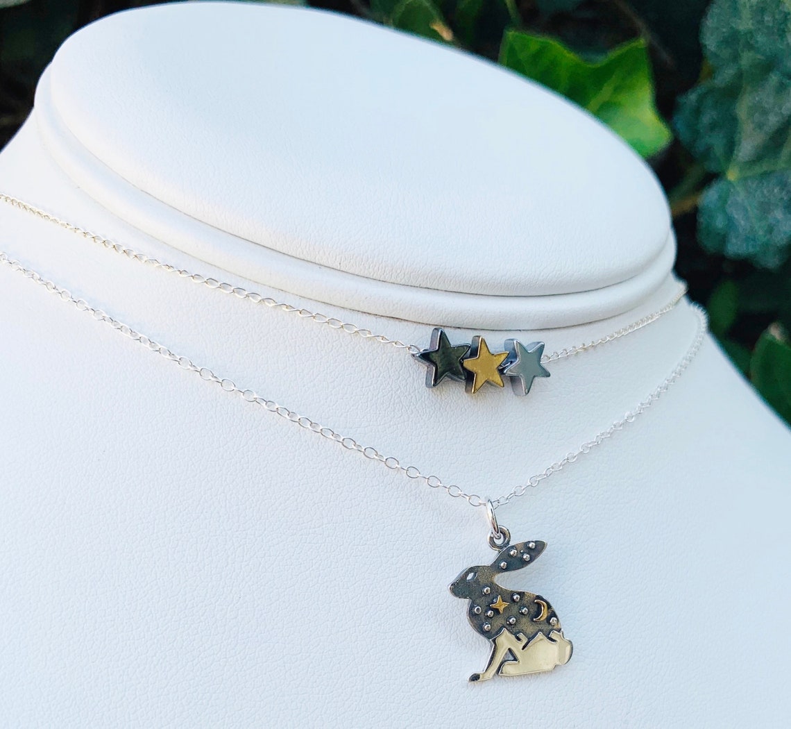 Sterling Silver Rabbit Necklace With Hematite Stars Necklace | Etsy
