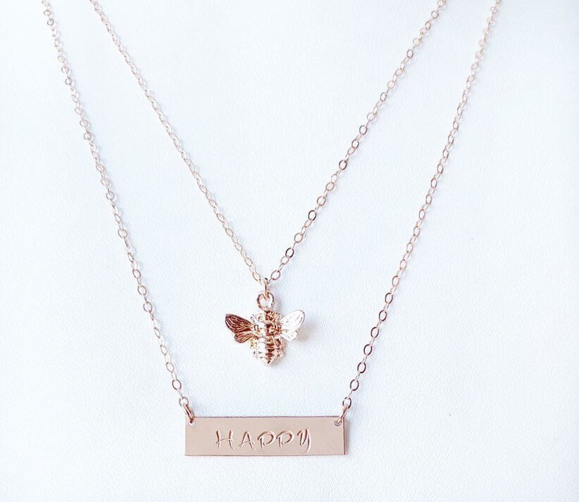 Rose Gold Bee Happy Necklace Set Layered Necklace Set Bee | Etsy