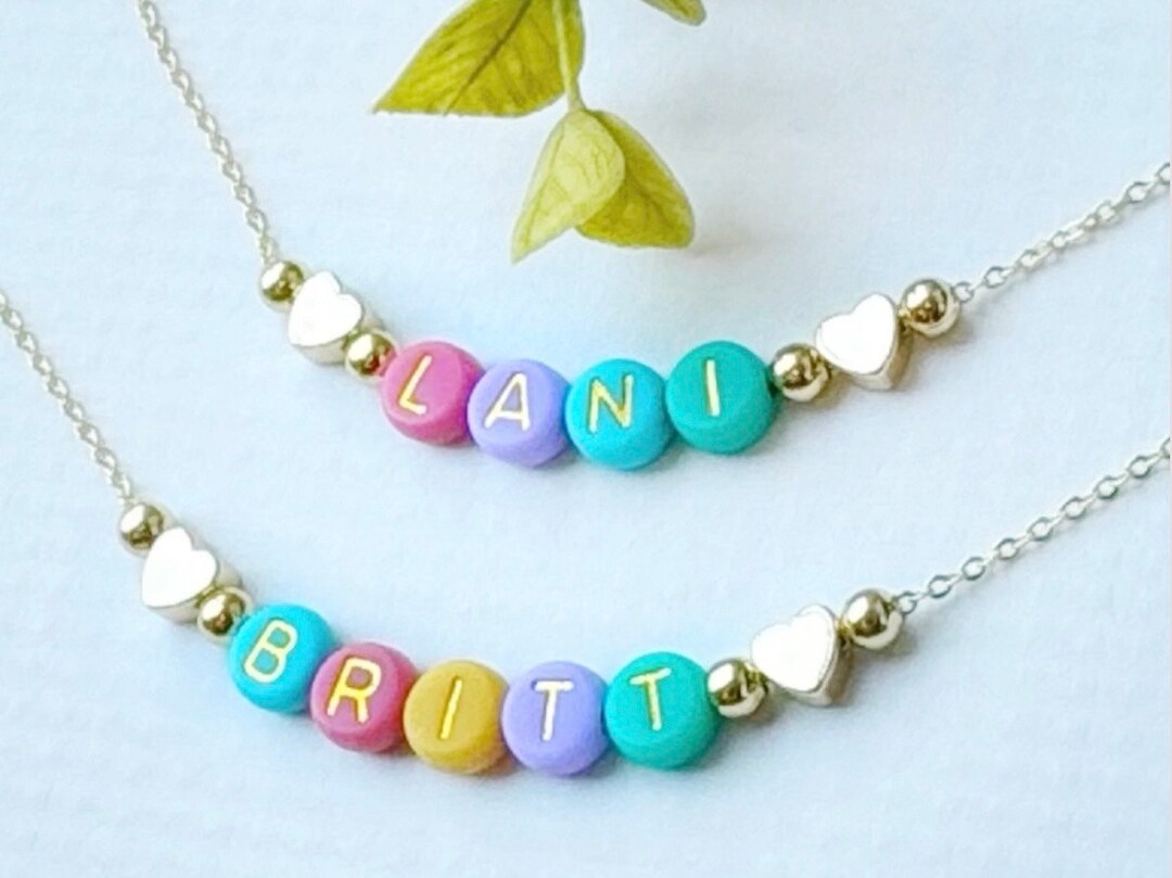 Girls Custom Name Necklace: Colorful Beaded Necklace With Gold Hearts ...