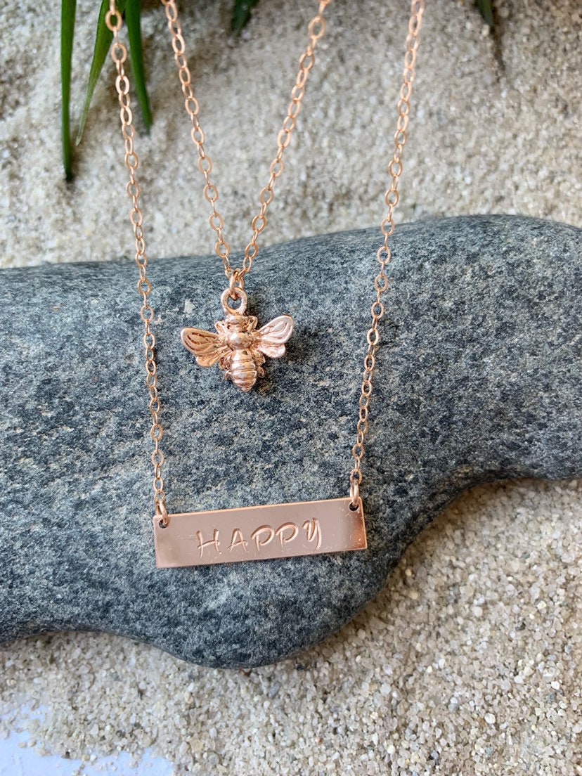 Rose Gold Bee Happy Necklace Set Layered Necklace Set Bee | Etsy