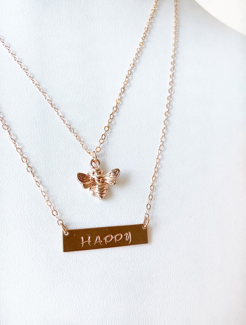 Rose Gold Bee Happy Necklace Set Layered Necklace Set Bee | Etsy
