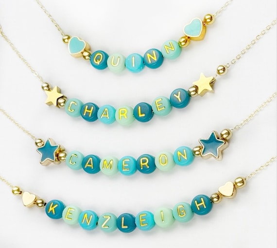 Blue Name Necklace for Kids Fast Shipping Boy Name Necklace for Mom Gold Stars Name Necklace Gold Heart Beads Gift for New Mom