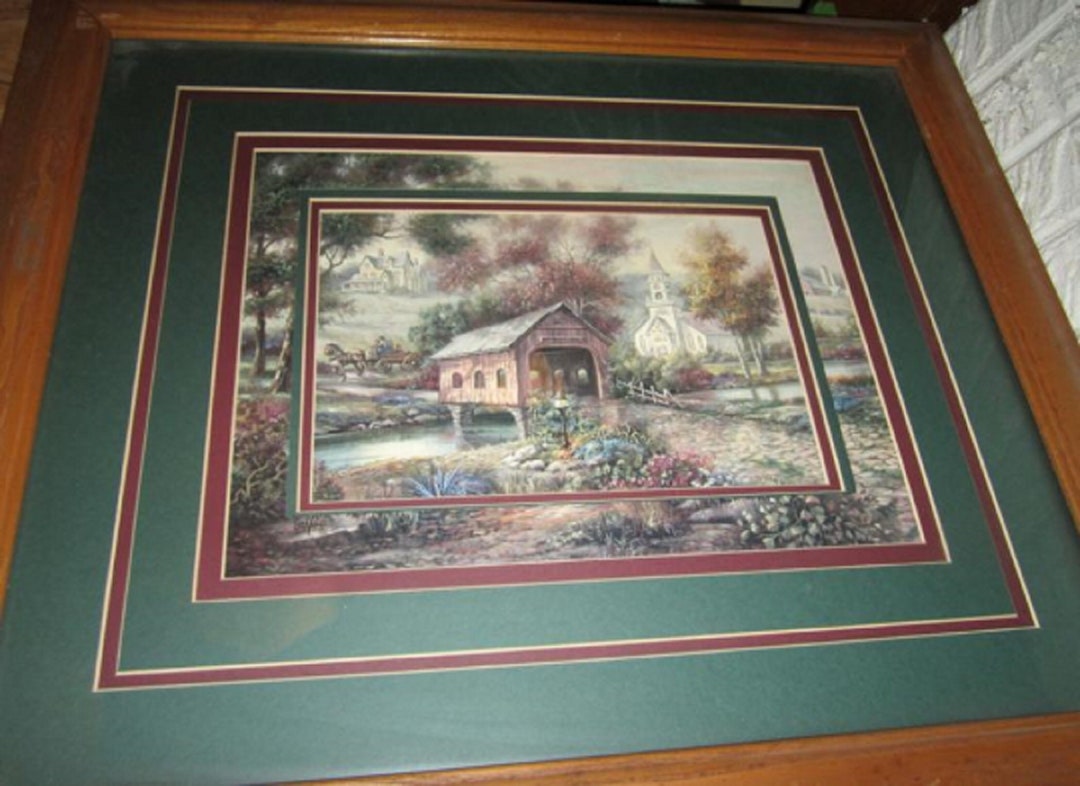 Carl Valente Signed 3D Matted Art Print of Covered Bridge Scene With ...