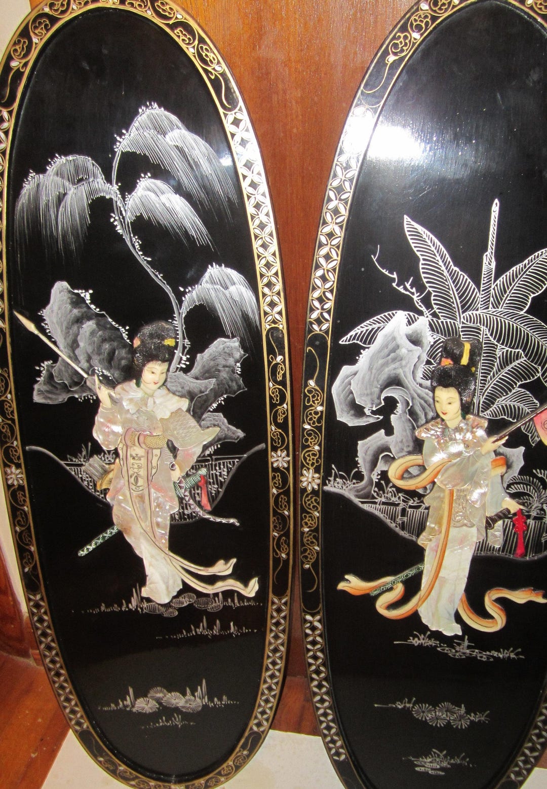 Vintage Pair of Asian Shell Art Panels - Etsy