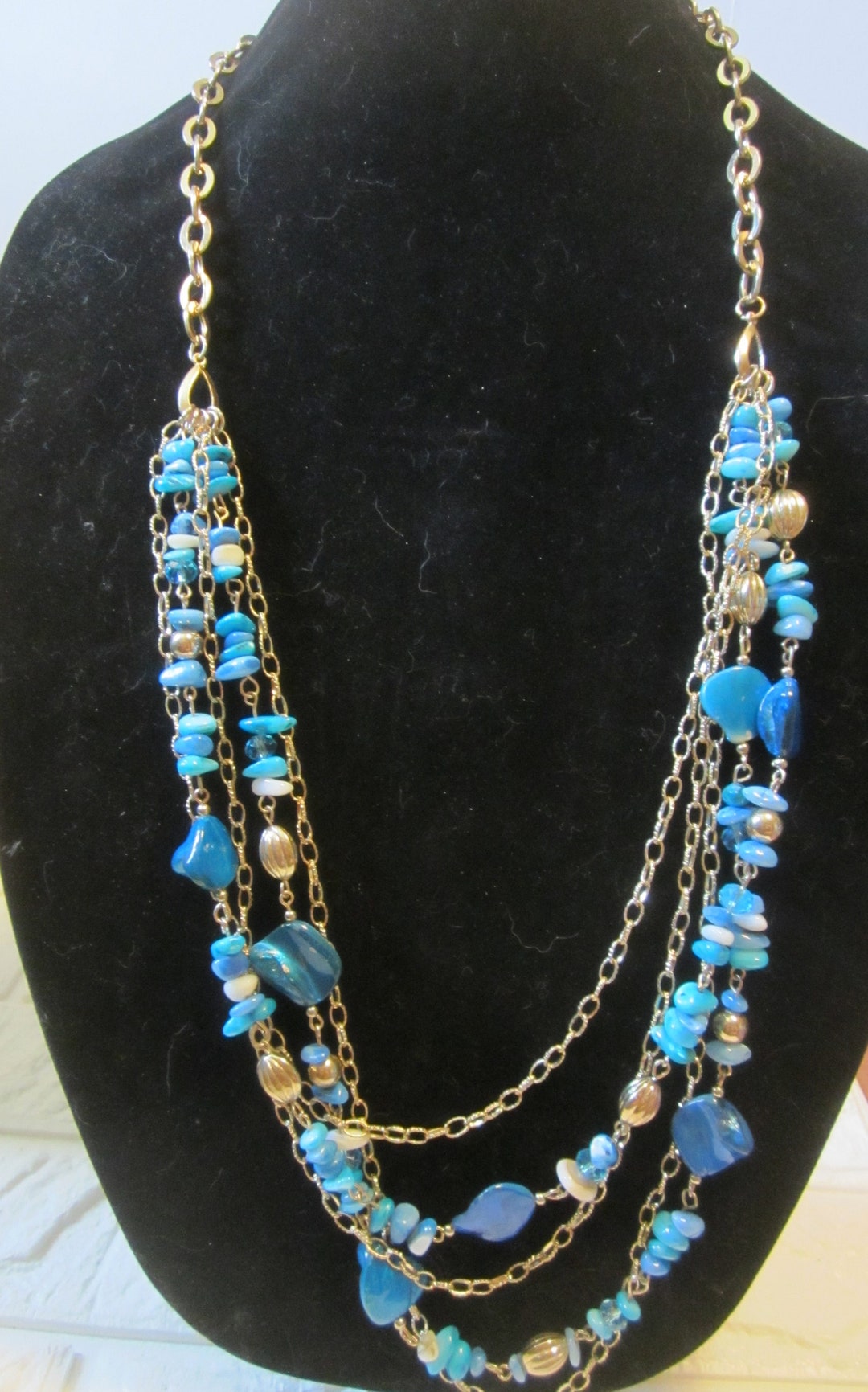 Gold* Toned Chain Blue Beaded Necklace - Etsy