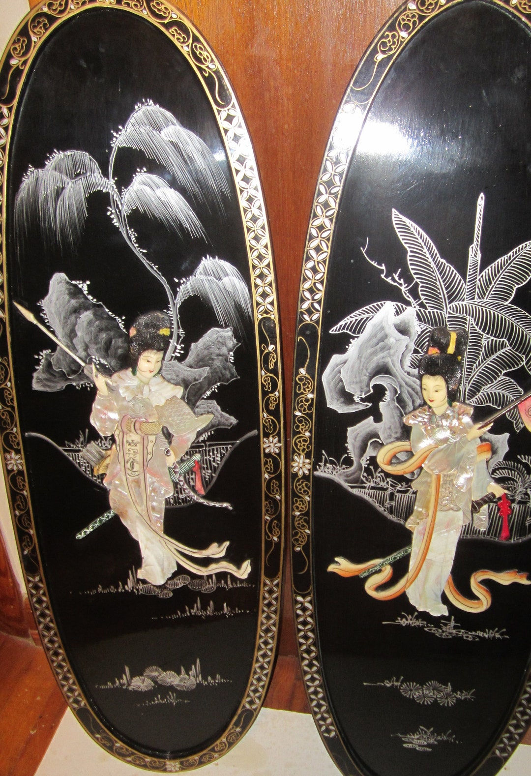 Vintage Pair of Asian Shell Art Panels - Etsy