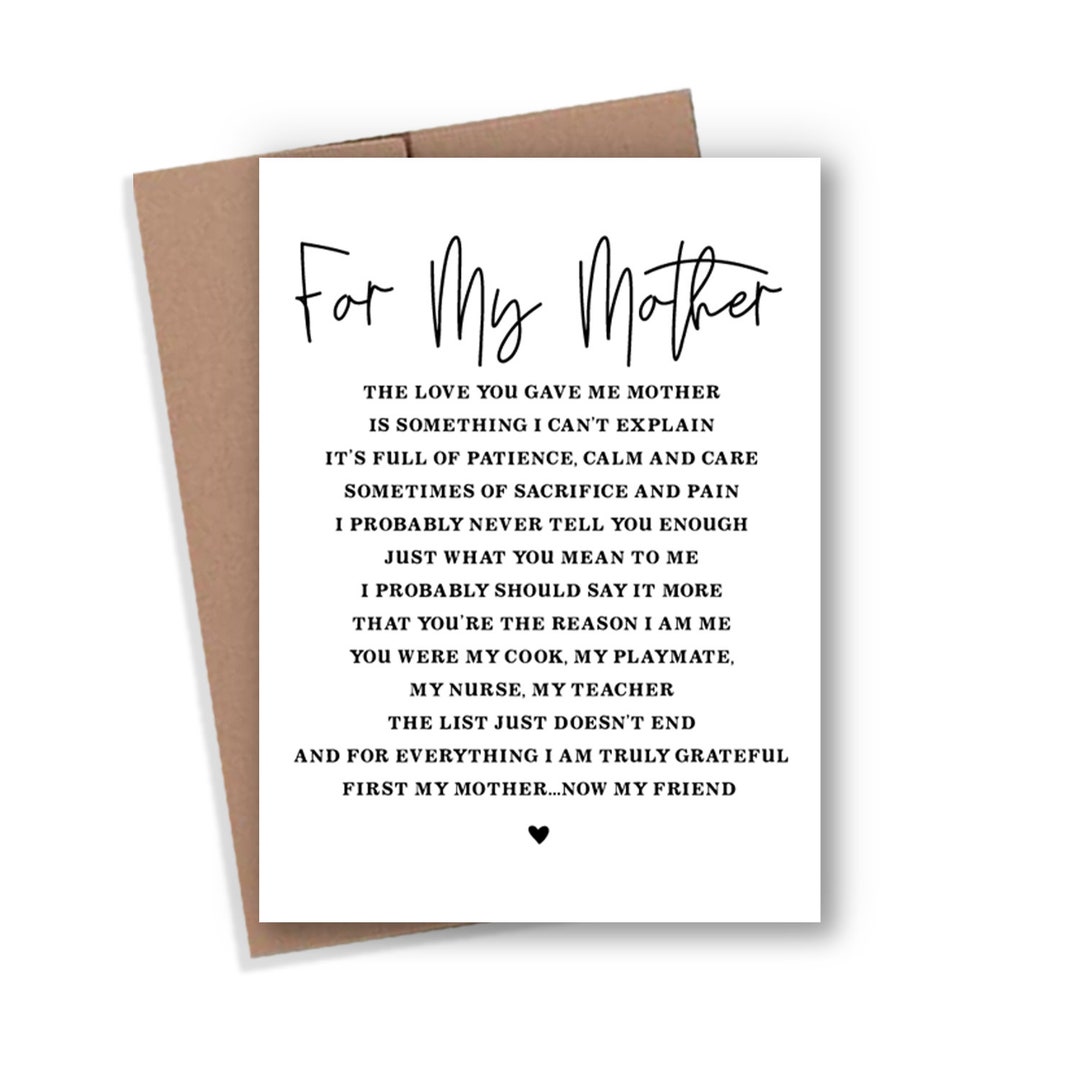 For My Mother Card, Mother's Day Card, Card for Mom, Gift for Mom ...