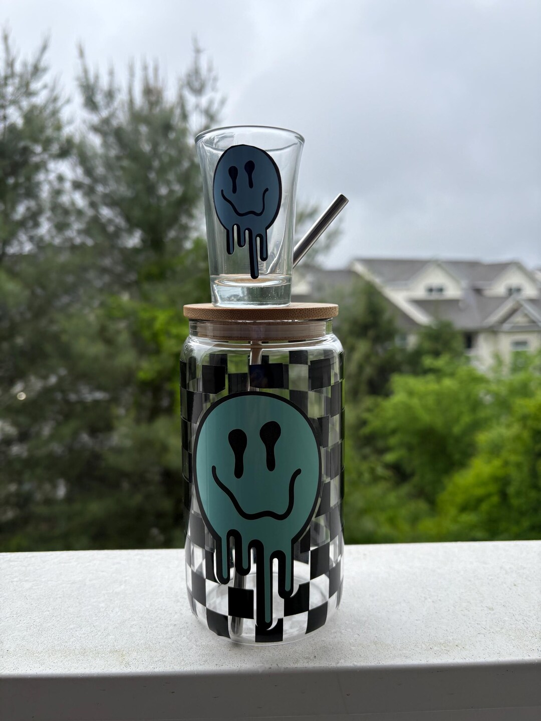 Checkerboard Drippy Smiley Glass Can & Shot Glass Set - Aesthetic Iced ...