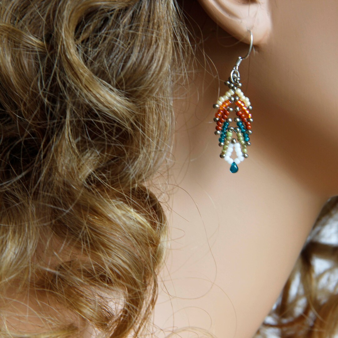 Colorful Feather Seed Bead Earrings, Bead Woven Native Beadwork for ...