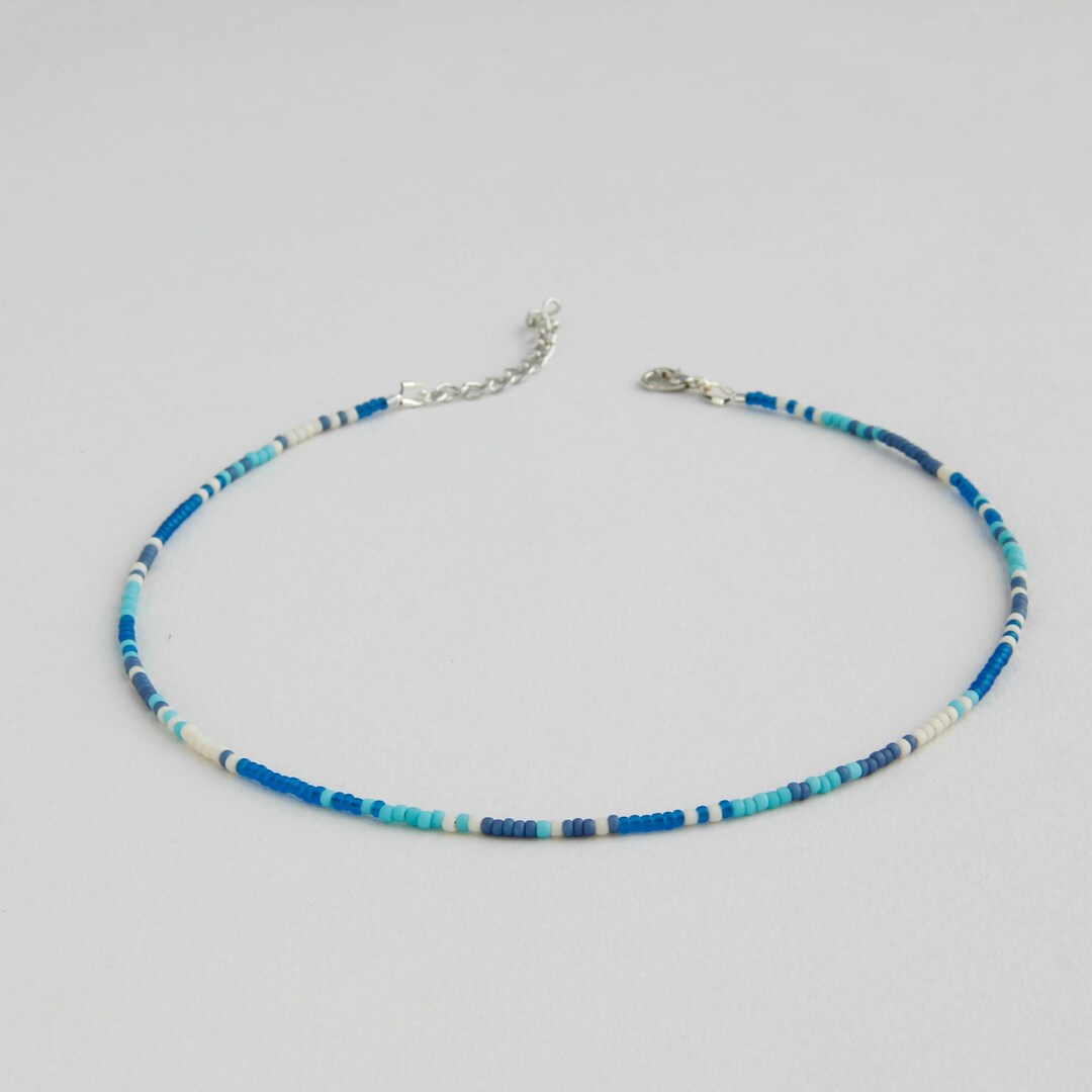 Blue White Dainty Bead Necklace, Seed Bead Choker, Layered Small Bead ...