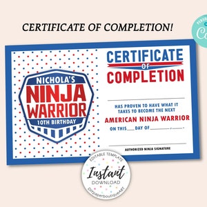 Ninja Warrior Certificate, Certificate of Completion, Course Completion ...