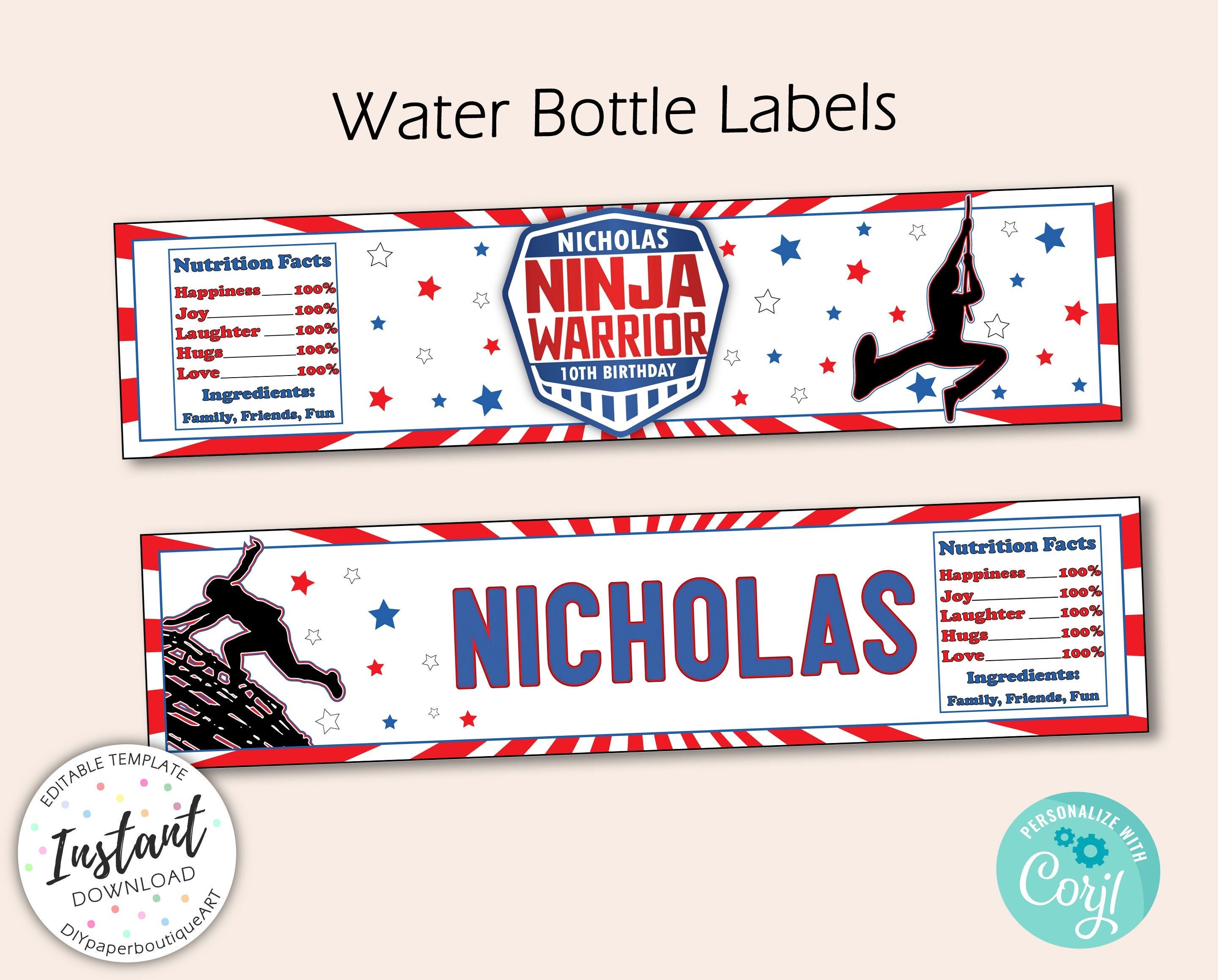 American Ninja Warrior Bottle Label Design, Ninja Warrior Labels, Water ...
