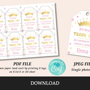Princess Favor Tag, Princess Party, Princess Birthday, Princess Tag ...