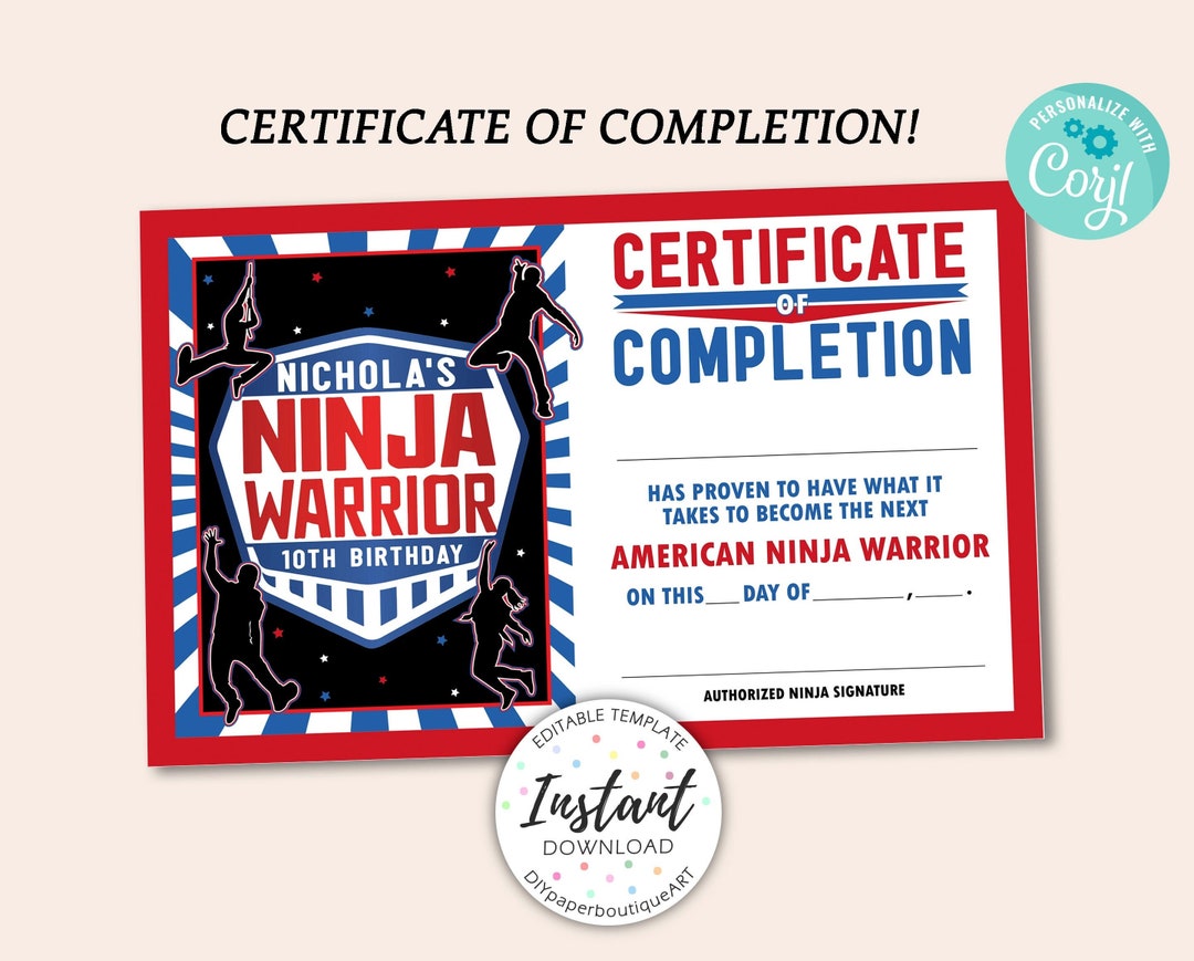 Ninja Warrior Certificate, Certificate of Completion, Course Completion ...