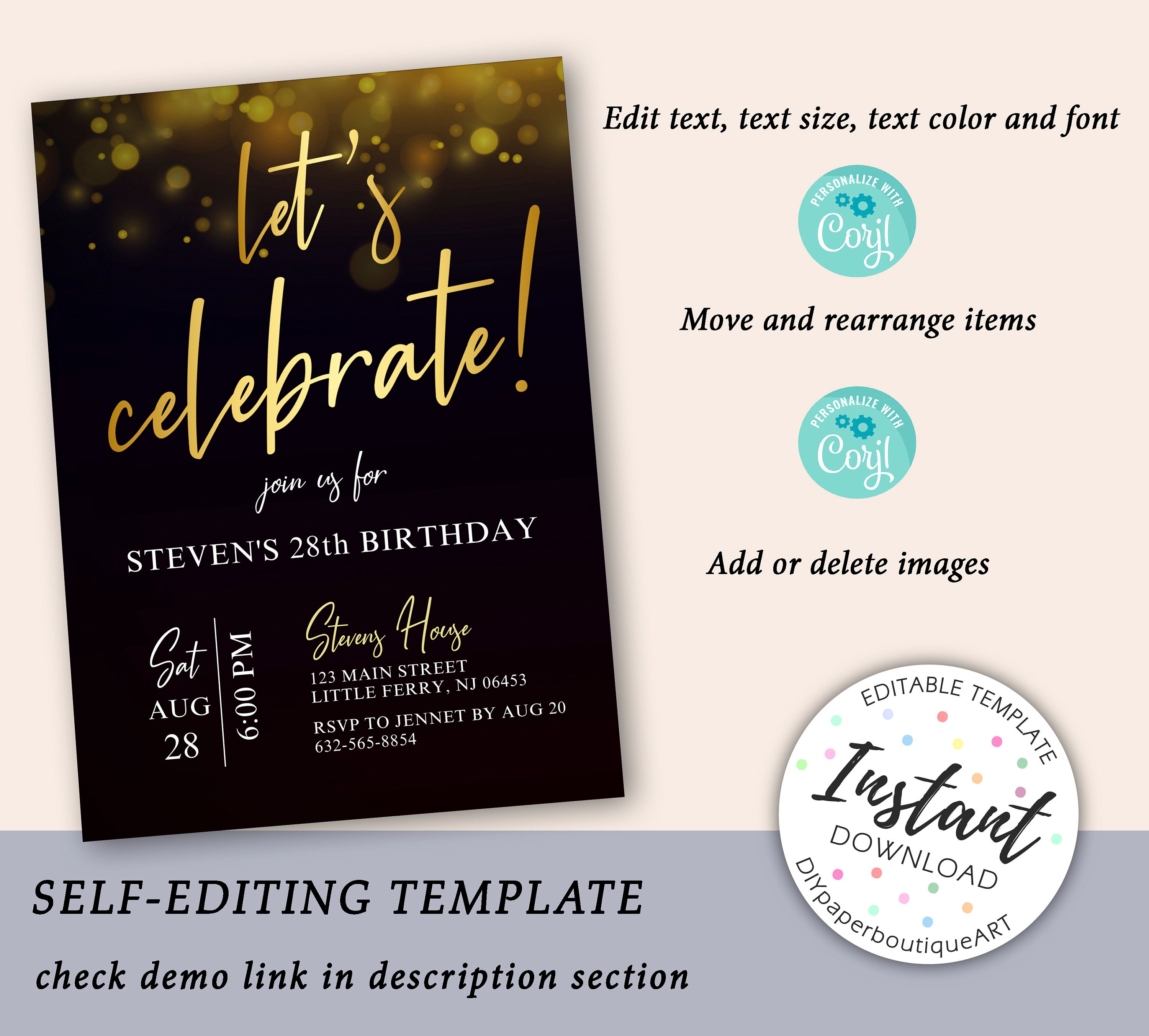 Let's Celebrate Party Invitation Online Editable Template - Etsy