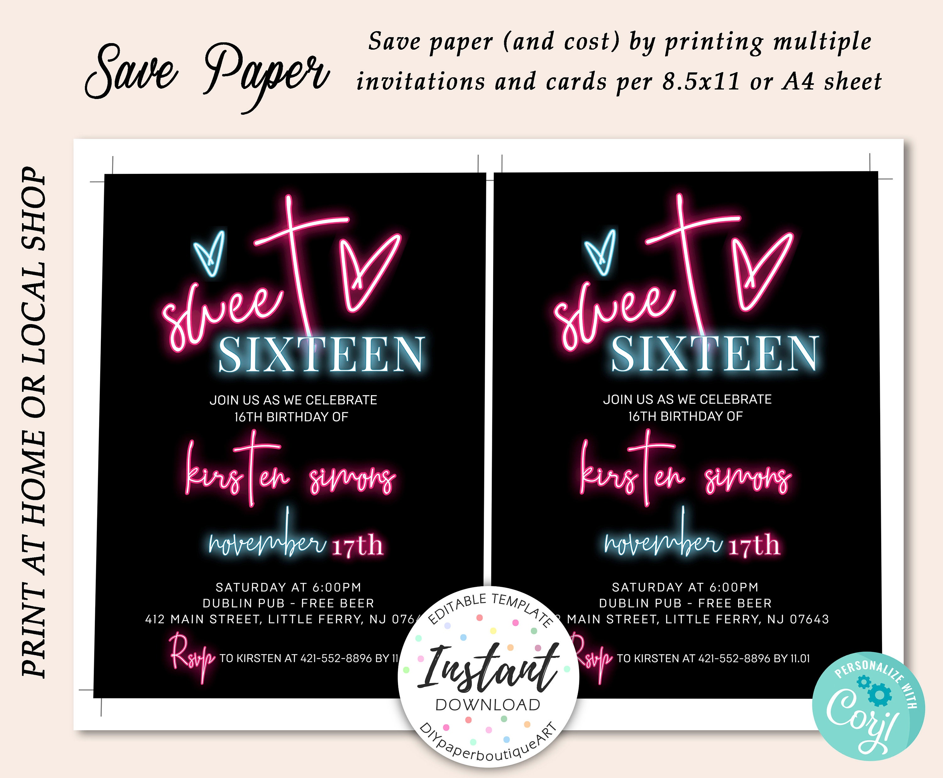 Neon Light Birthday Invitation Adult Bday Invite Sweet Teen - Etsy