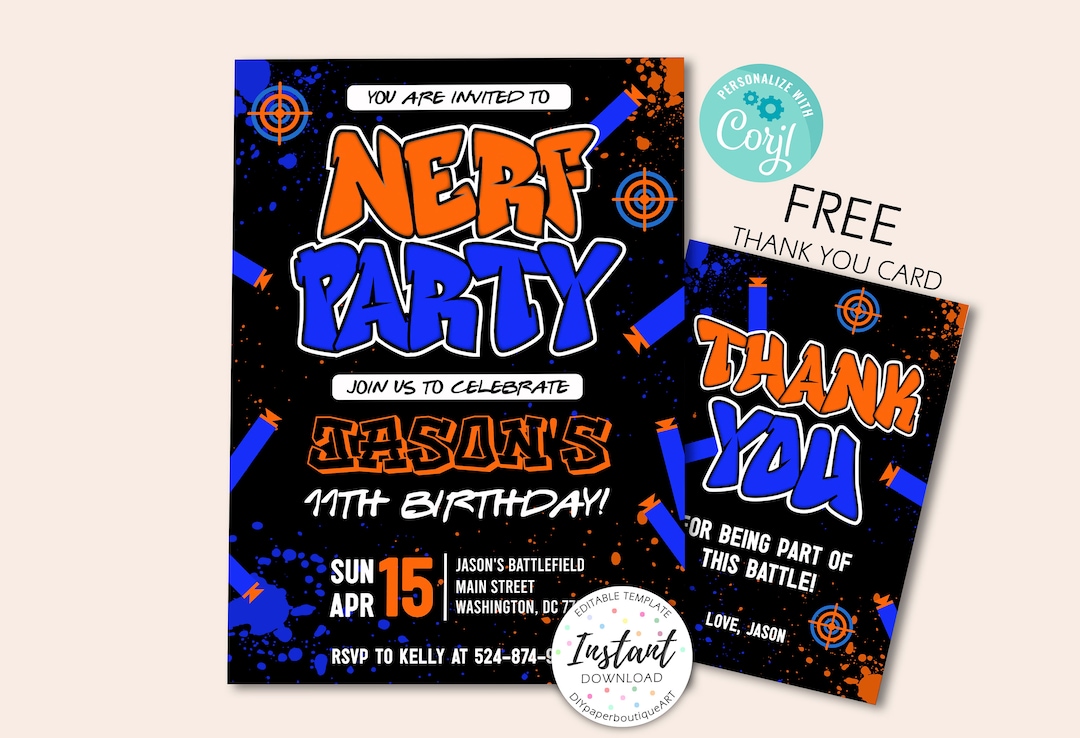 Editable Nerf Birthday Party Invitation, Dart Gun Invite for Boys ...
