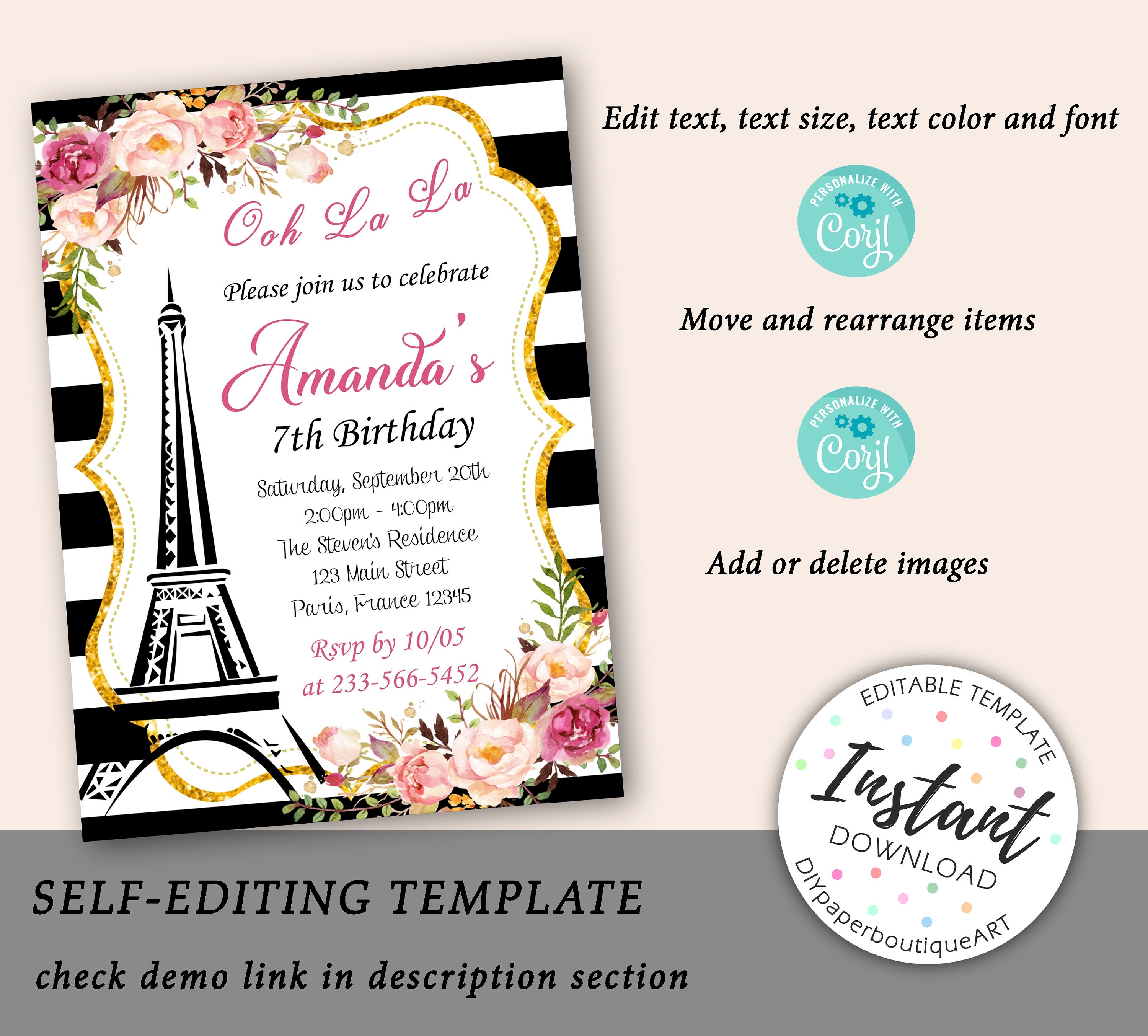 Paris Birthday Invitationparty in Paris DIGITAL | Etsy