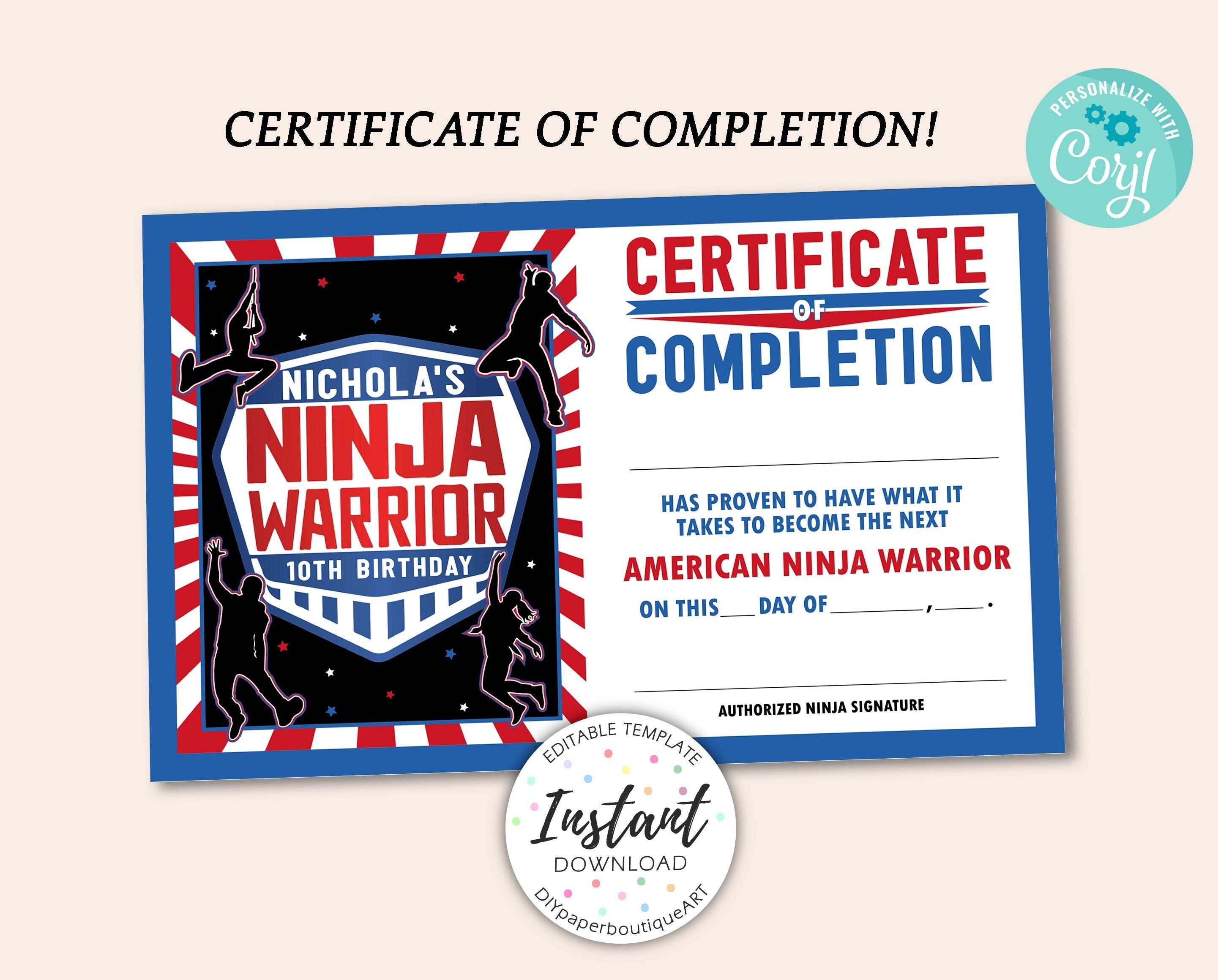 Ninja Warrior Certificate, Certificate of Completion, Course Completion, Ninja Award, Ninja ...