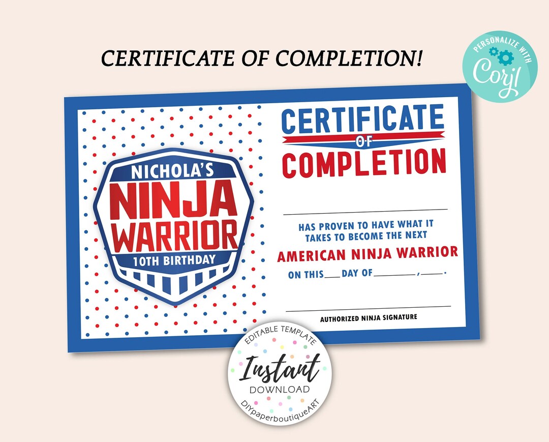 Ninja Warrior Certificate, Certificate of Completion, Course Completion ...