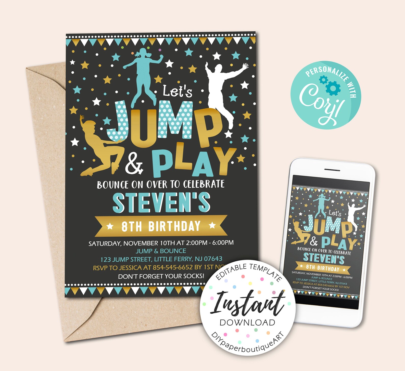 Jump Birthday Invitation-trampoline Party Invitation Bounce - Etsy